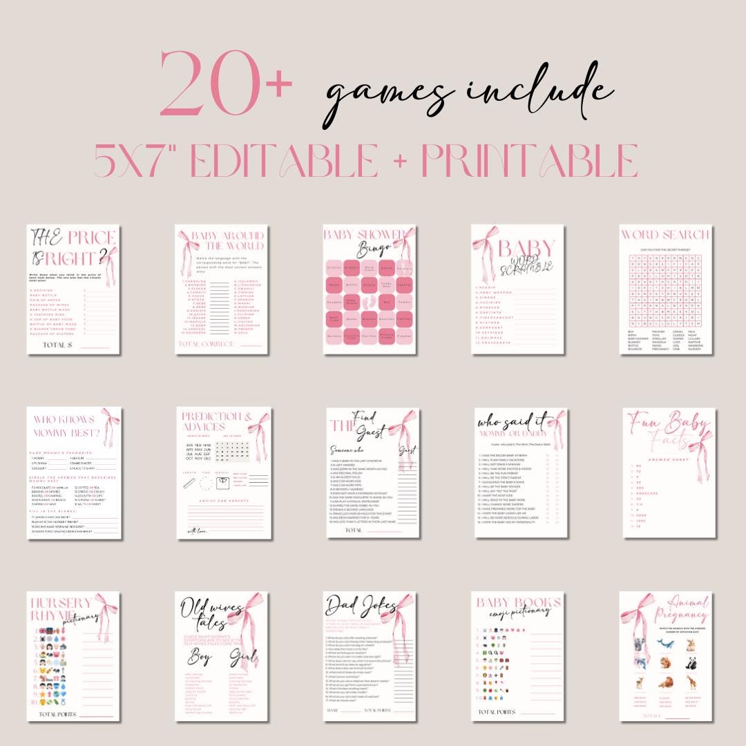 Pink Coquette Bow Baby Shower Games Bundles Template Printable, Baby ...