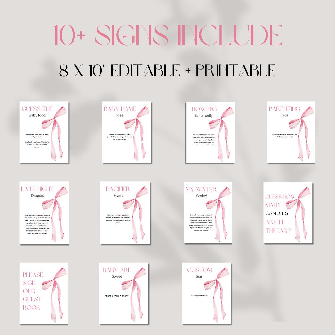 Pink Coquette Bow Baby Shower Games Bundles Template Printable, Baby ...