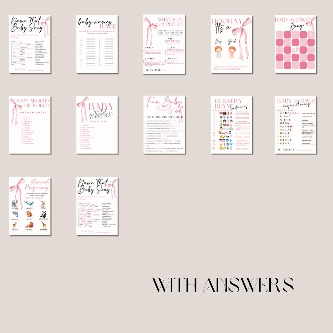 Pink Coquette Bow Baby Shower Games Bundles Template Printable, Baby ...