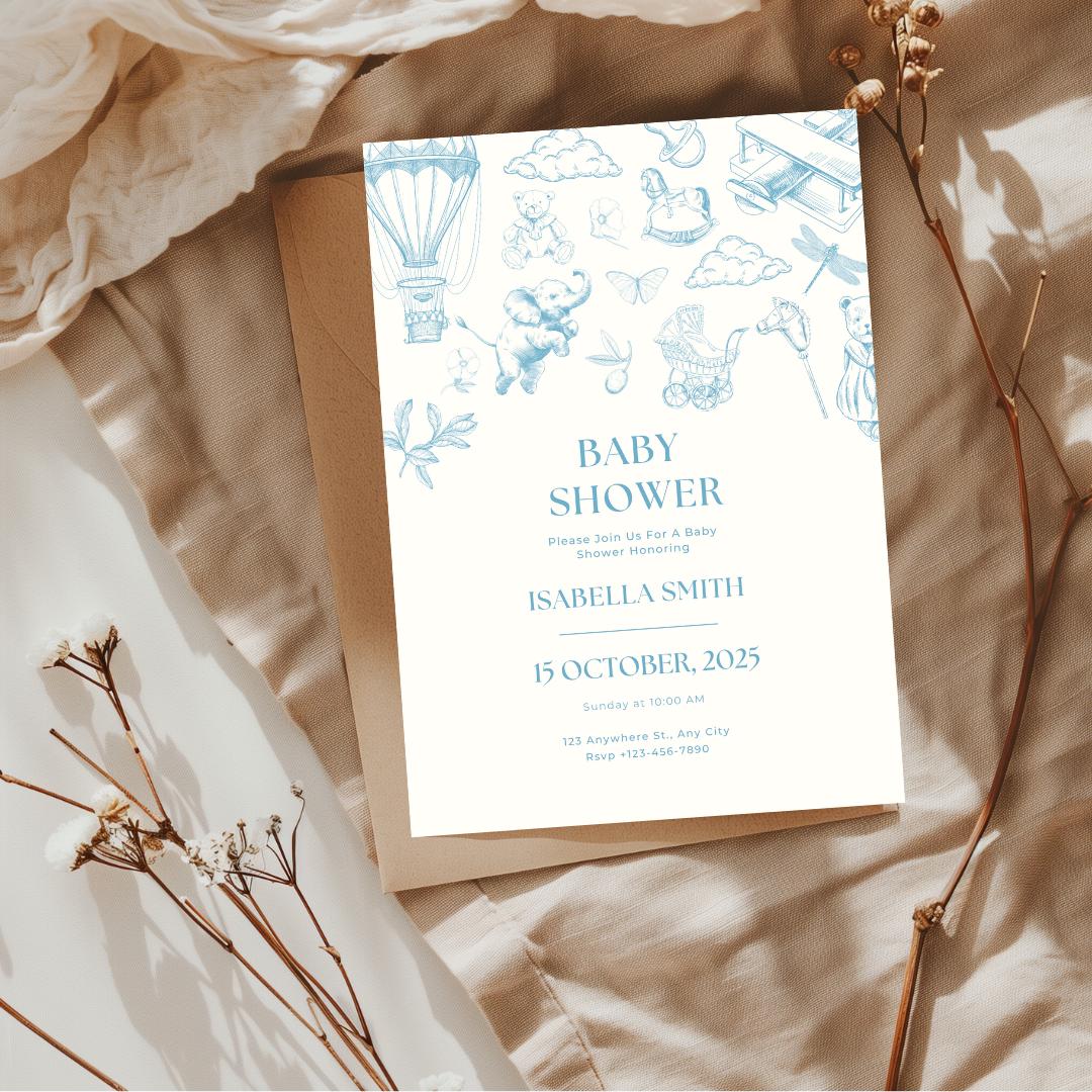 Vintage Blue Baby Shower Invitation, Elegant Hand-drawn Sketch, Classic ...