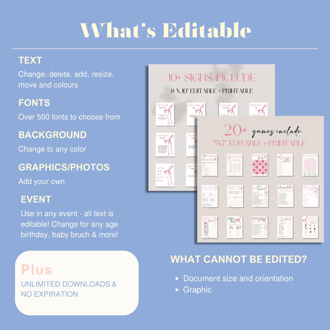Pink Coquette Bow Baby Shower Games Bundles Template Printable, Baby ...