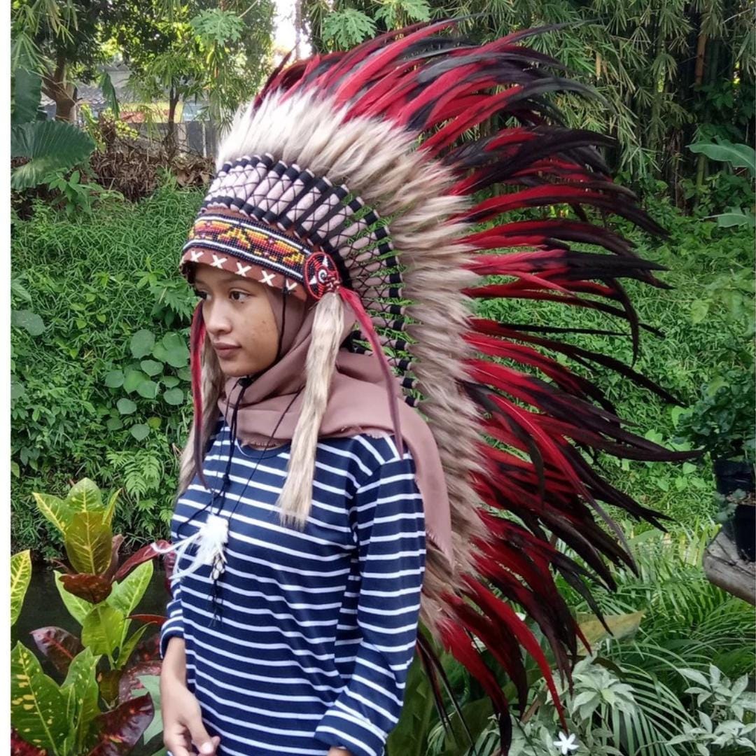 Long Red Indian Headdress Replica Made With Real Rooster Feathers and ...