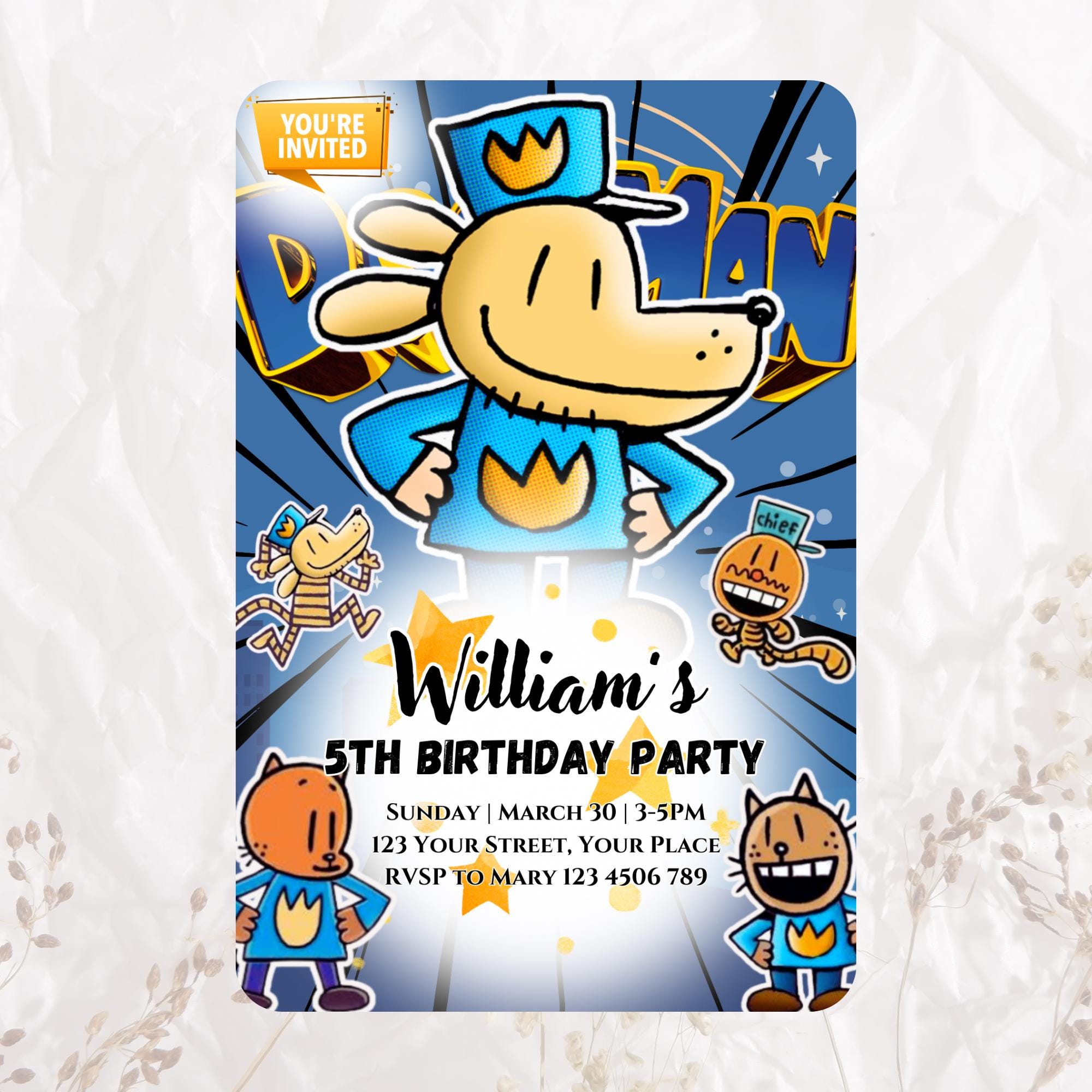 Dog Man Birthday Theme Kids Editable , Dogman Party Invitation Card ...