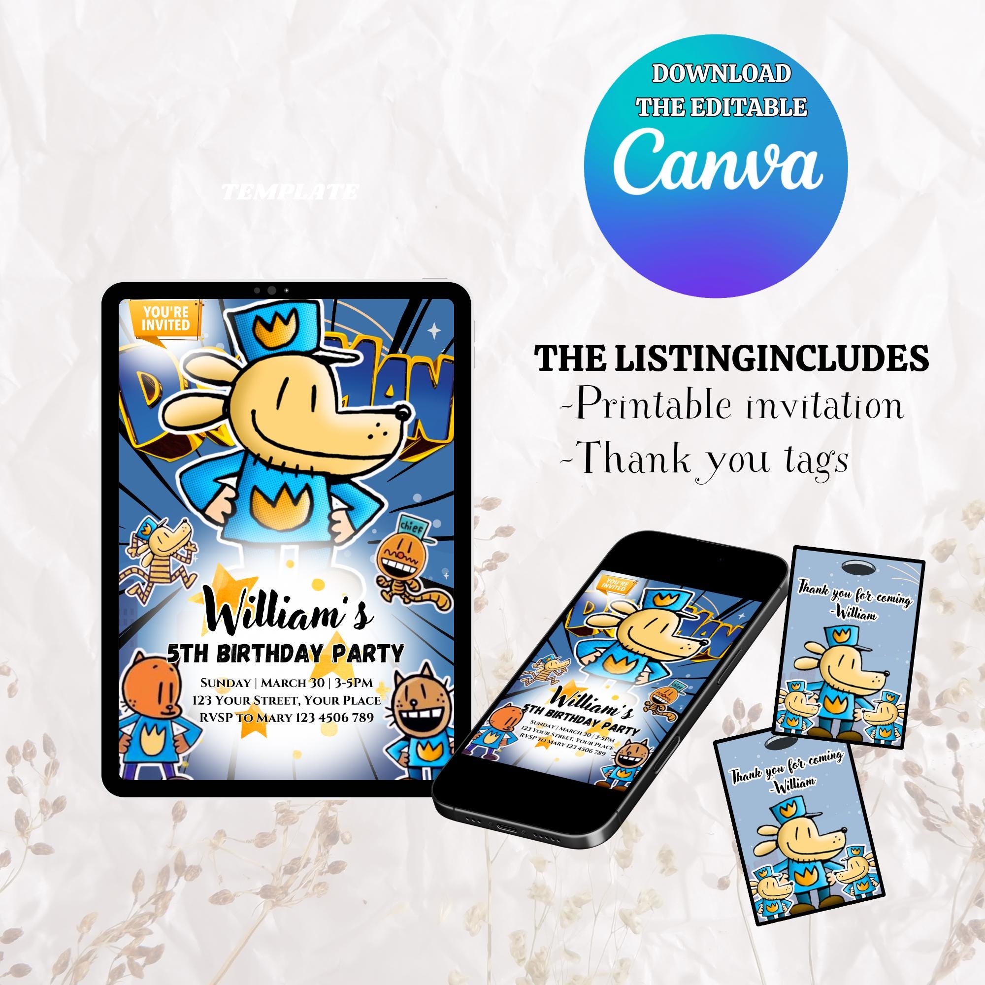 Dog Man Birthday Theme Kids Editable , Dogman Party Invitation Card ...