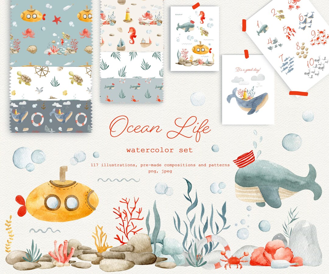 Watercolor Ocean Life Clipart Set: Sea Animals, Whale, Coral (PNG ...