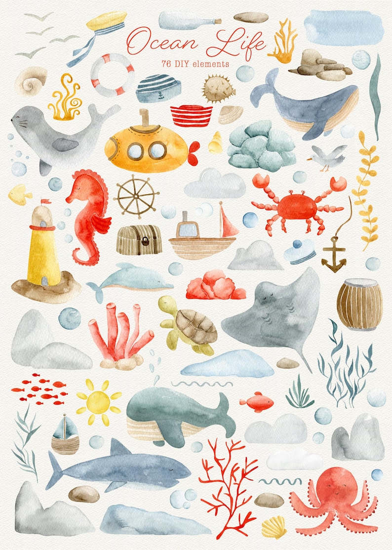 Watercolor Ocean Life Clipart Set: Sea Animals, Whale, Coral (PNG ...