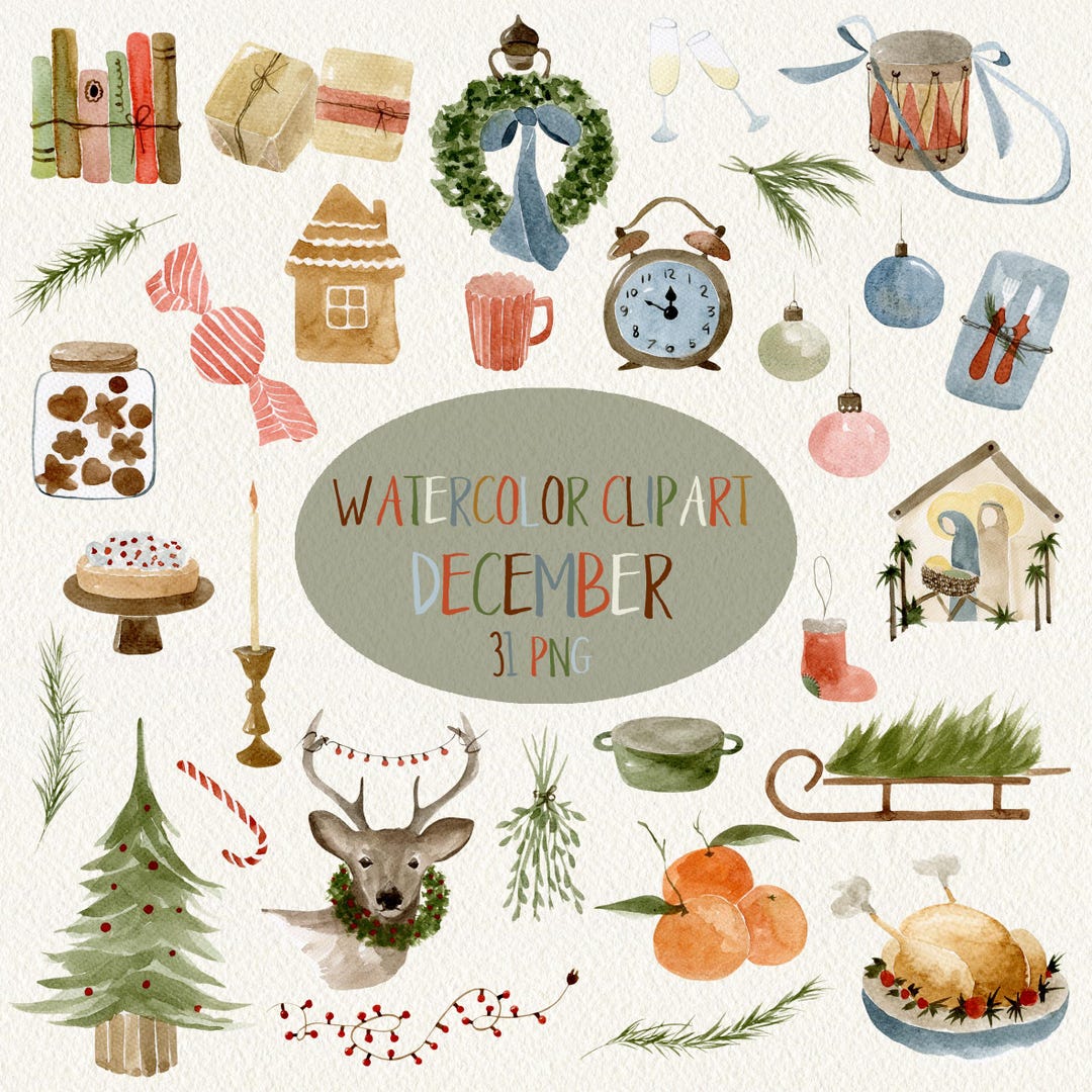 Watercolor Christmas Clipart Set, Winter Holiday Graphics (PNG) - Etsy
