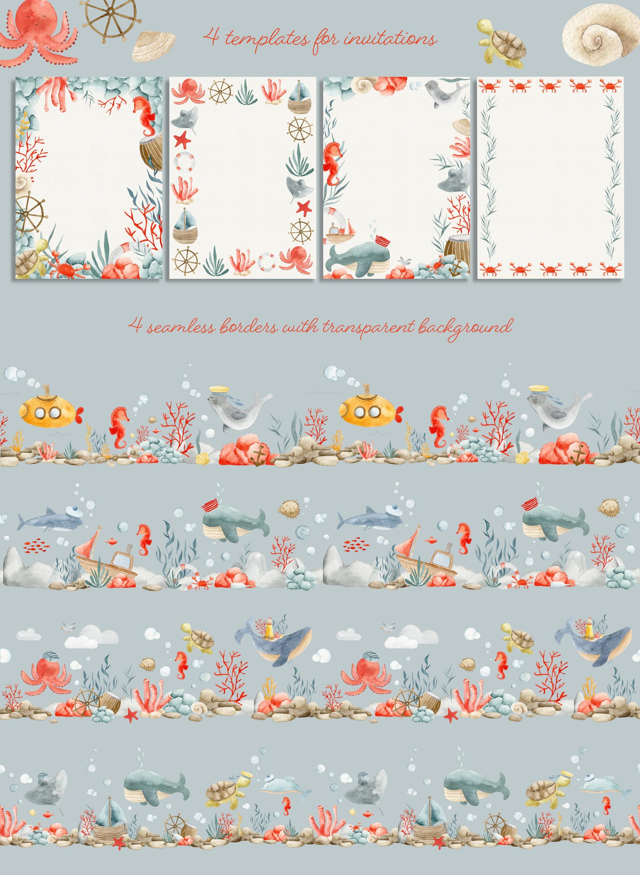 Watercolor Ocean Life Clipart Set: Sea Animals, Whale, Coral (PNG ...