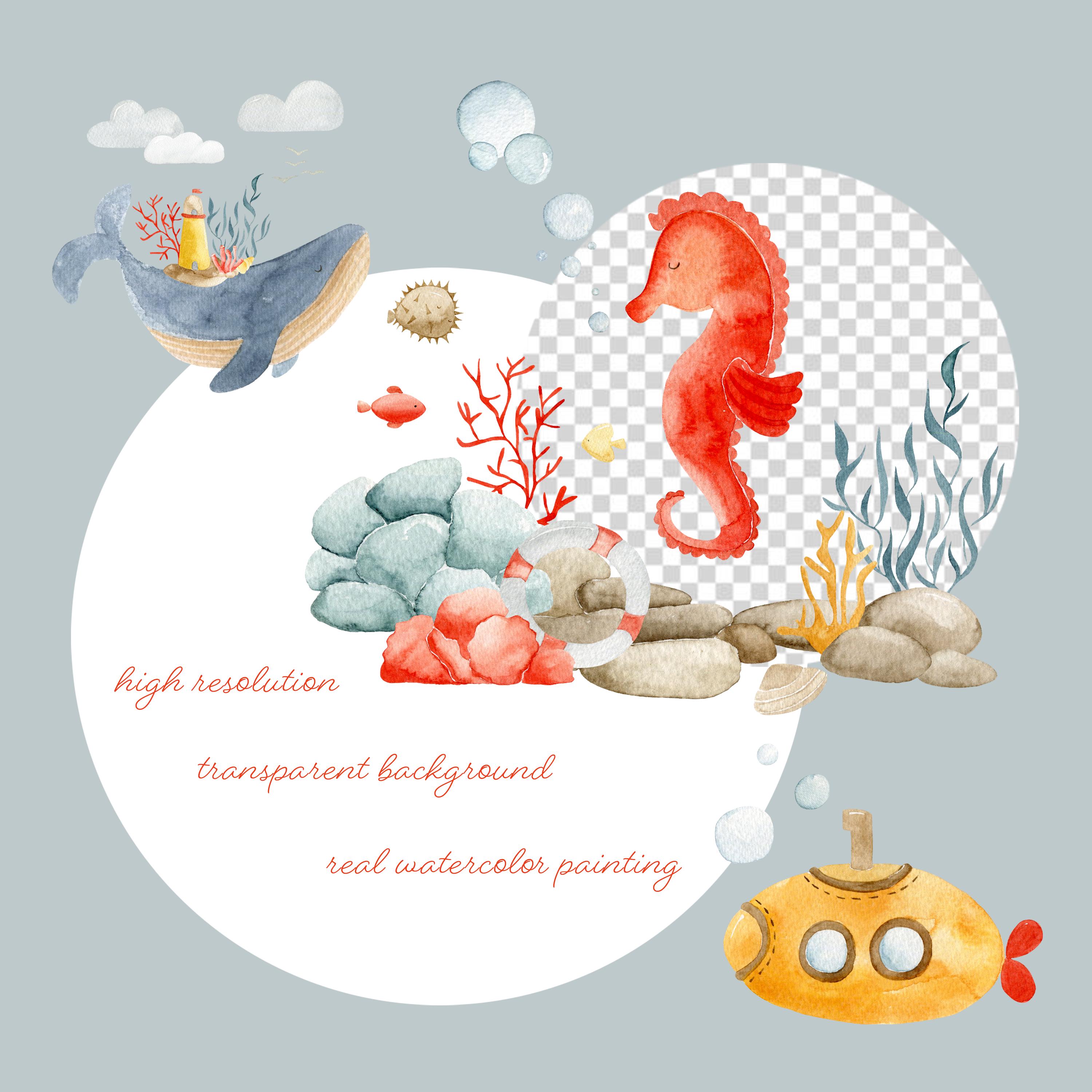 Watercolor Ocean Life Clipart Set: Sea Animals, Whale, Coral (PNG ...