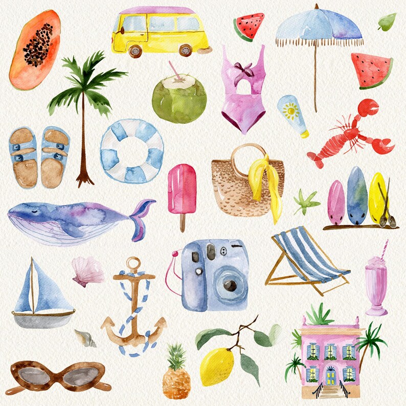 Watercolor Summer Clipart Set: Graphic PNG Images (digital Download) - Etsy