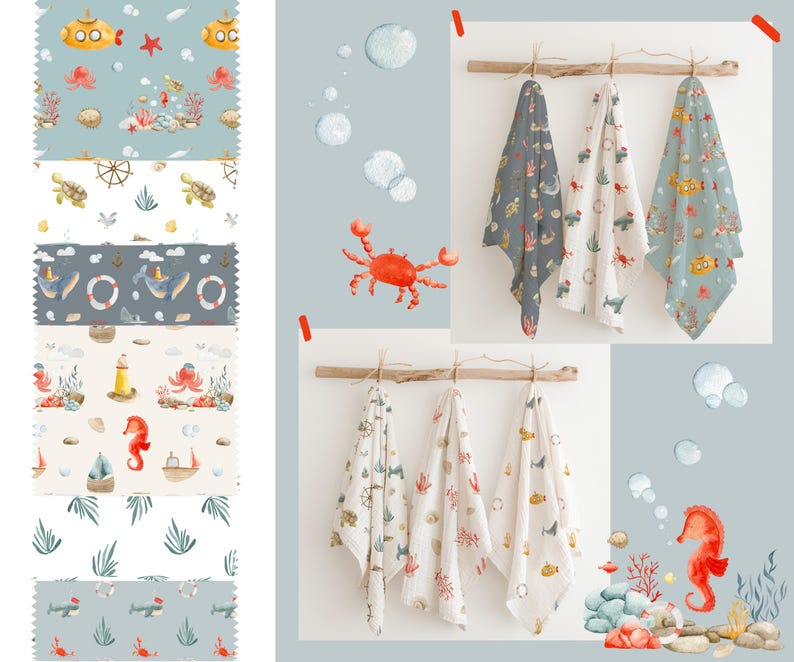Watercolor Ocean Life Clipart Set: Sea Animals, Whale, Coral (PNG ...