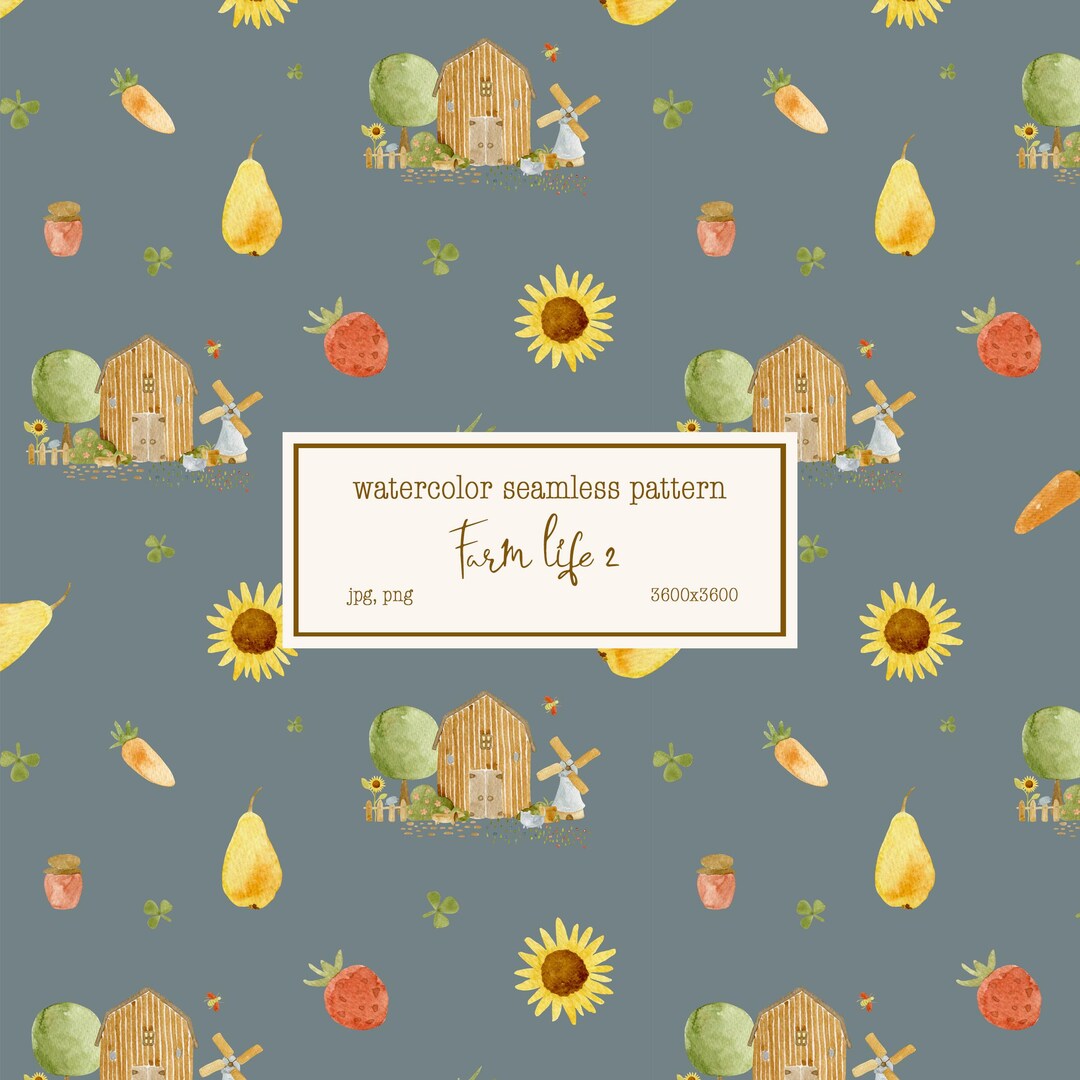 Watercolor Farm Life Pattern: Rustic Spring Design (PNG & JPG Digital ...