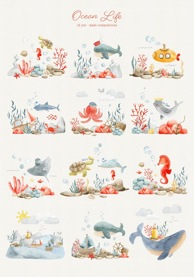 Watercolor Ocean Life Clipart Set: Sea Animals, Whale, Coral (PNG ...