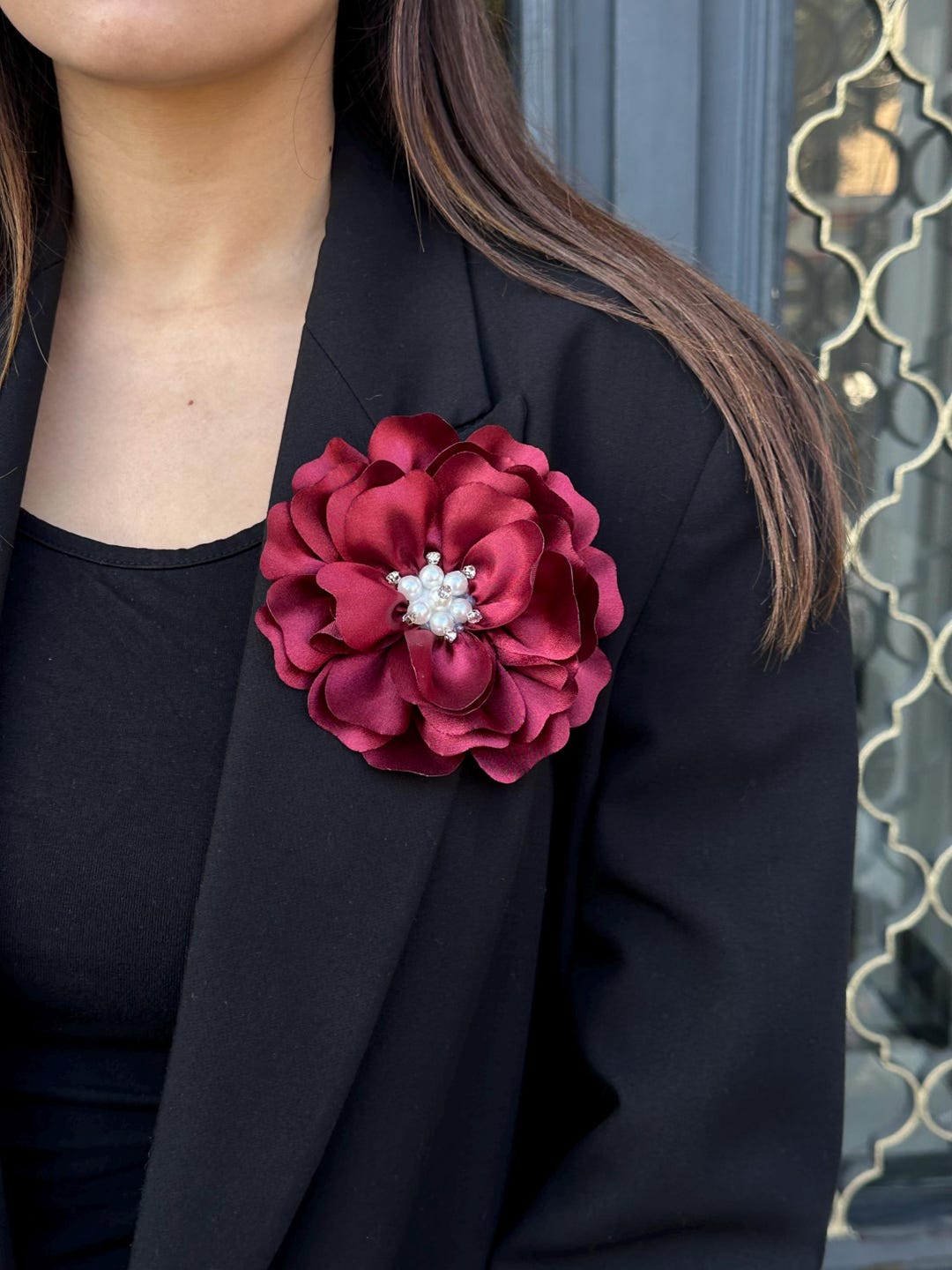 Handmade Satin Rose Corsage Stone Detailed Brooch Unique Handmade Lapel ...