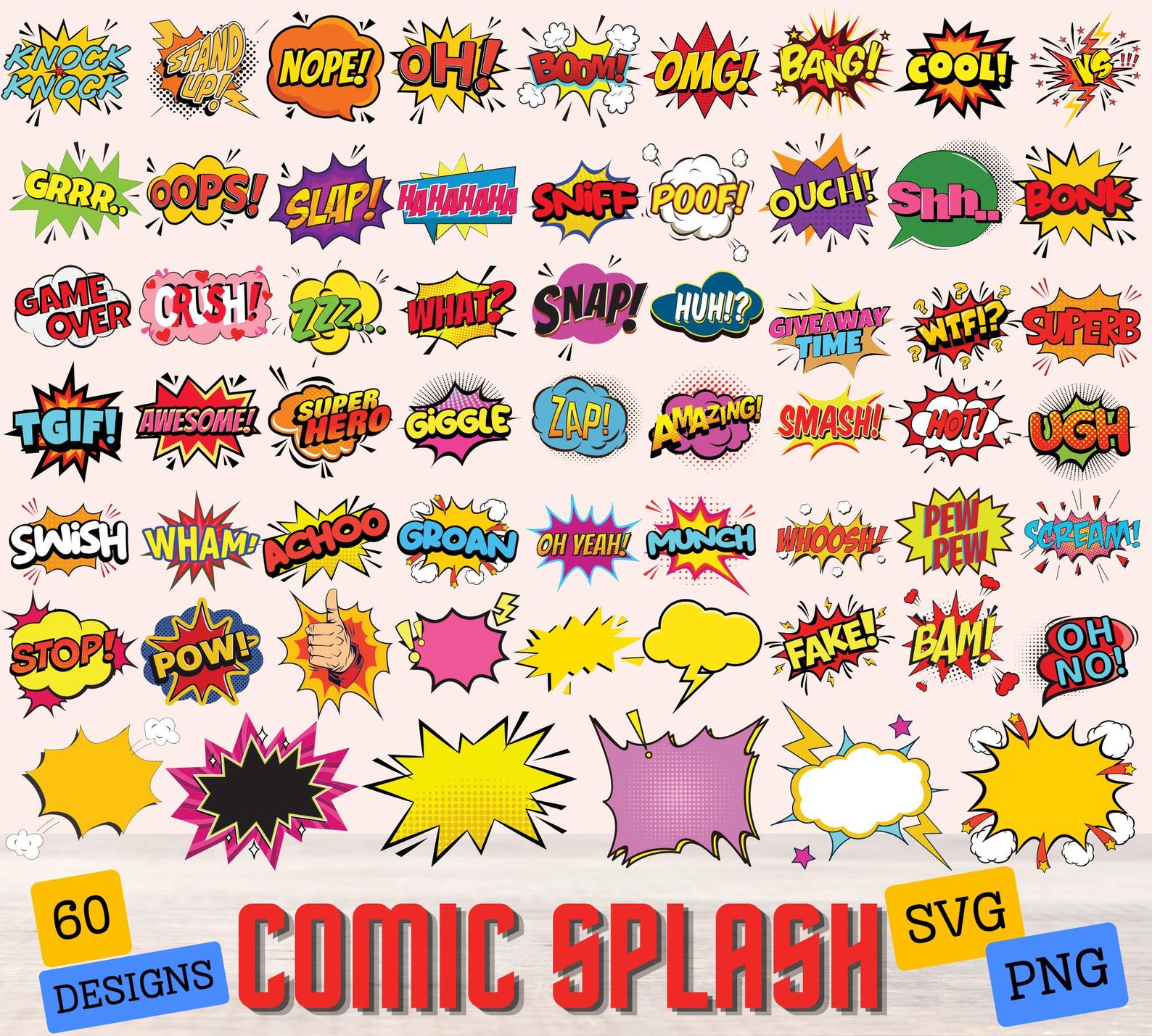 Comic Action Bubbles SVG Bundle: Cartoon Style, Birthday, and Comic ...