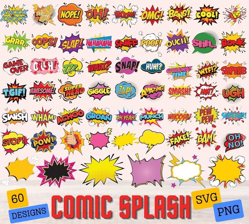 Comic Action Bubbles SVG Bundle: Cartoon Style, Birthday, and Comic ...
