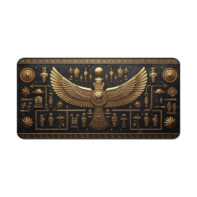 Egyptian Winged Goddess Desk Mat – Ancient Gold Hieroglyph Mouse Pad ...