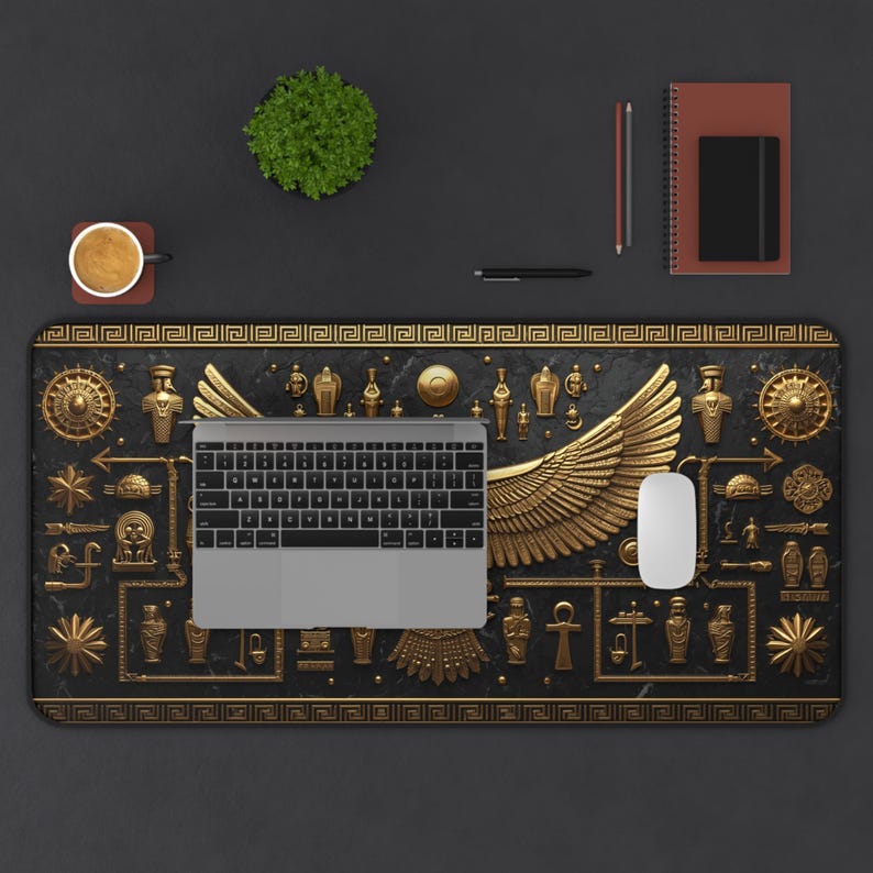 Egyptian Winged Goddess Desk Mat – Ancient Gold Hieroglyph Mouse Pad ...