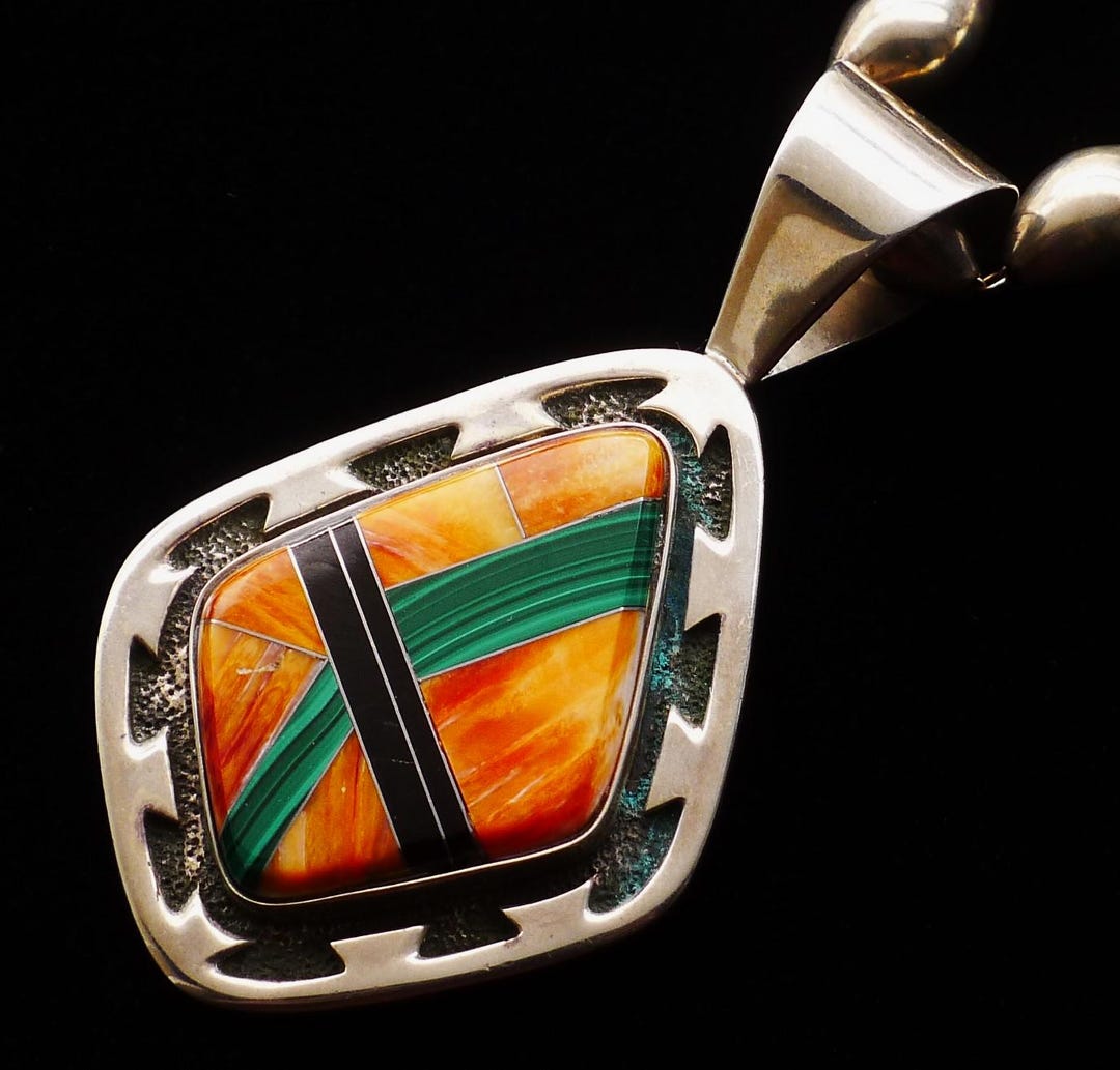 Large Southwest Sterling Silver Multi-stone Spiny Oyster Inlay Pendant ...