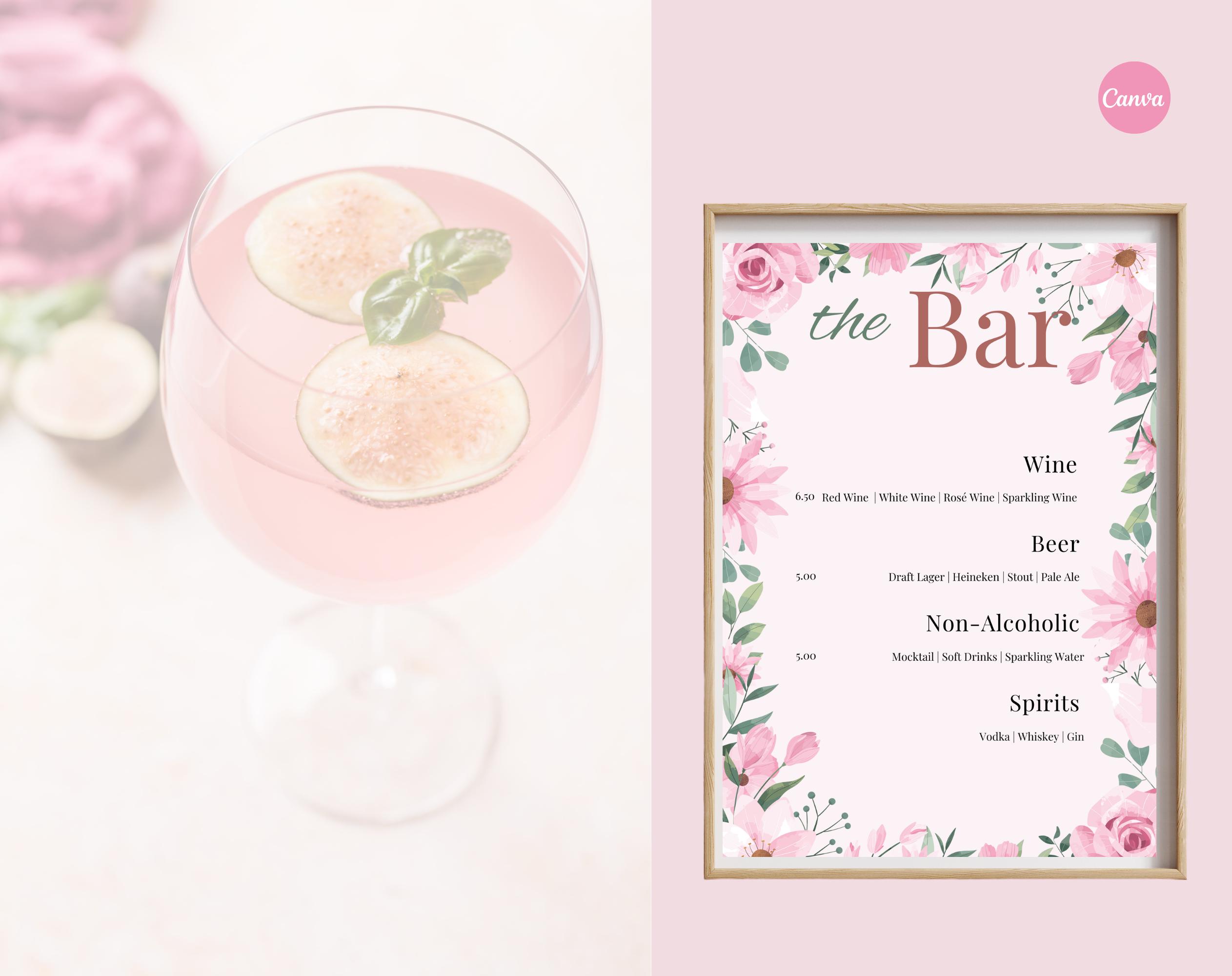 Floral Wedding Drink Menu Template, Signature Cocktail Bar Menu Canva ...