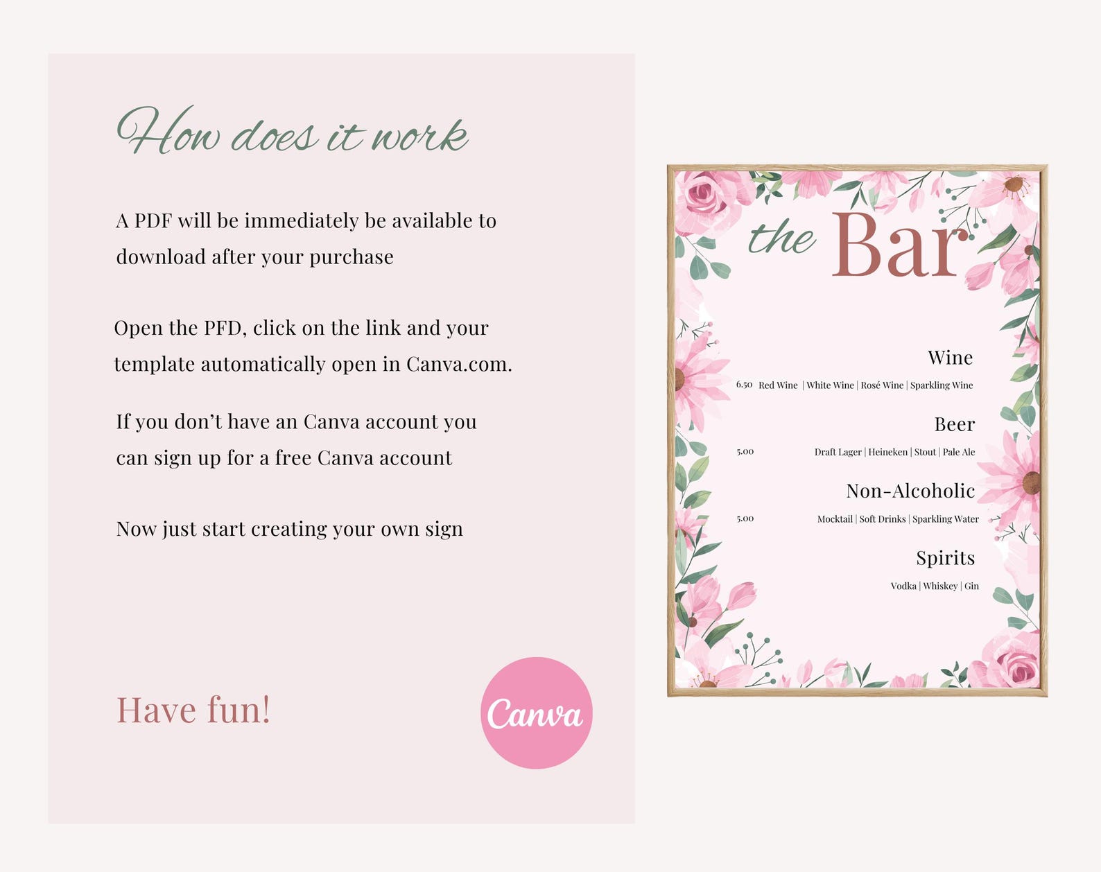 Floral Wedding Drink Menu Template, Signature Cocktail Bar Menu Canva ...