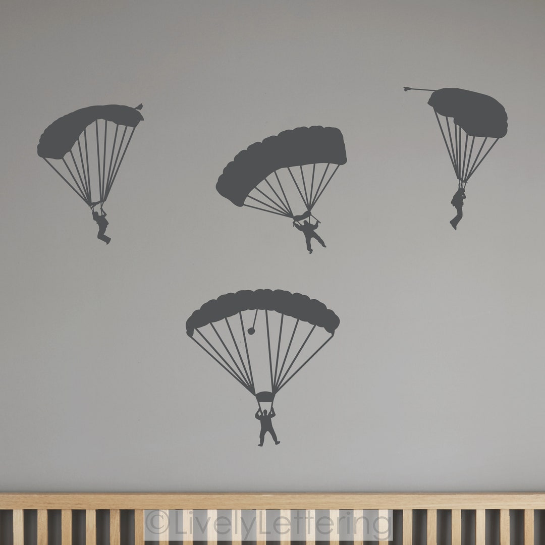 Parachute Wall Decals Set of 4, Skydiver Room Decor, Teen Bedroom Vinyl ...