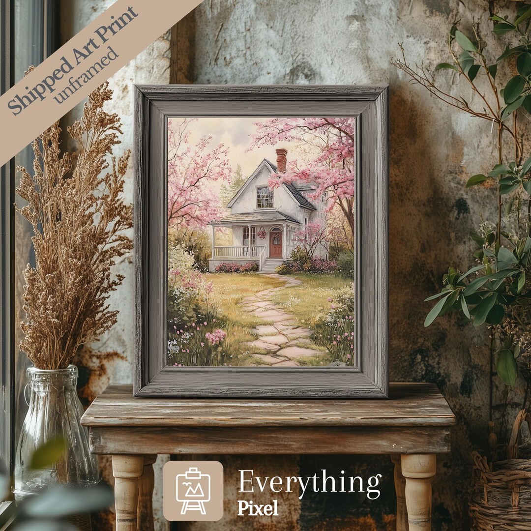 Springtime Cottage Wall Art Print Charming Floral Cottage With Blooming ...