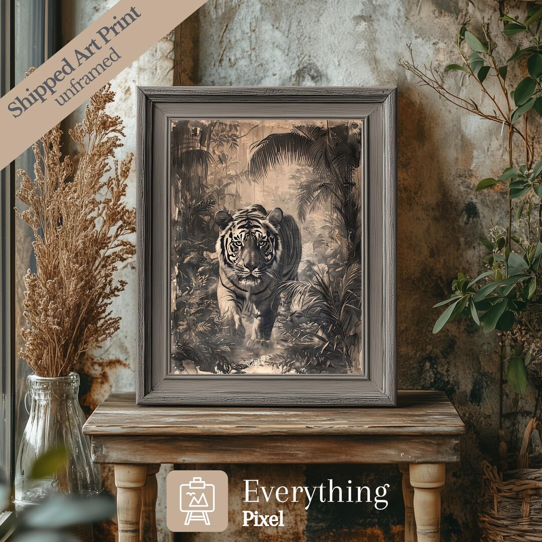 Vintage Tiger Jungle Print: Monochromatic Farmhouse Wall Art - Etsy