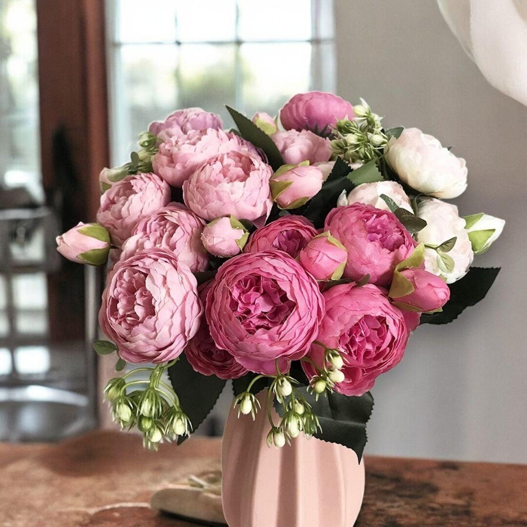 Peony Bouquet Silk Flowers - 30cm Faux Blooms for Weddings, DIY, Home ...