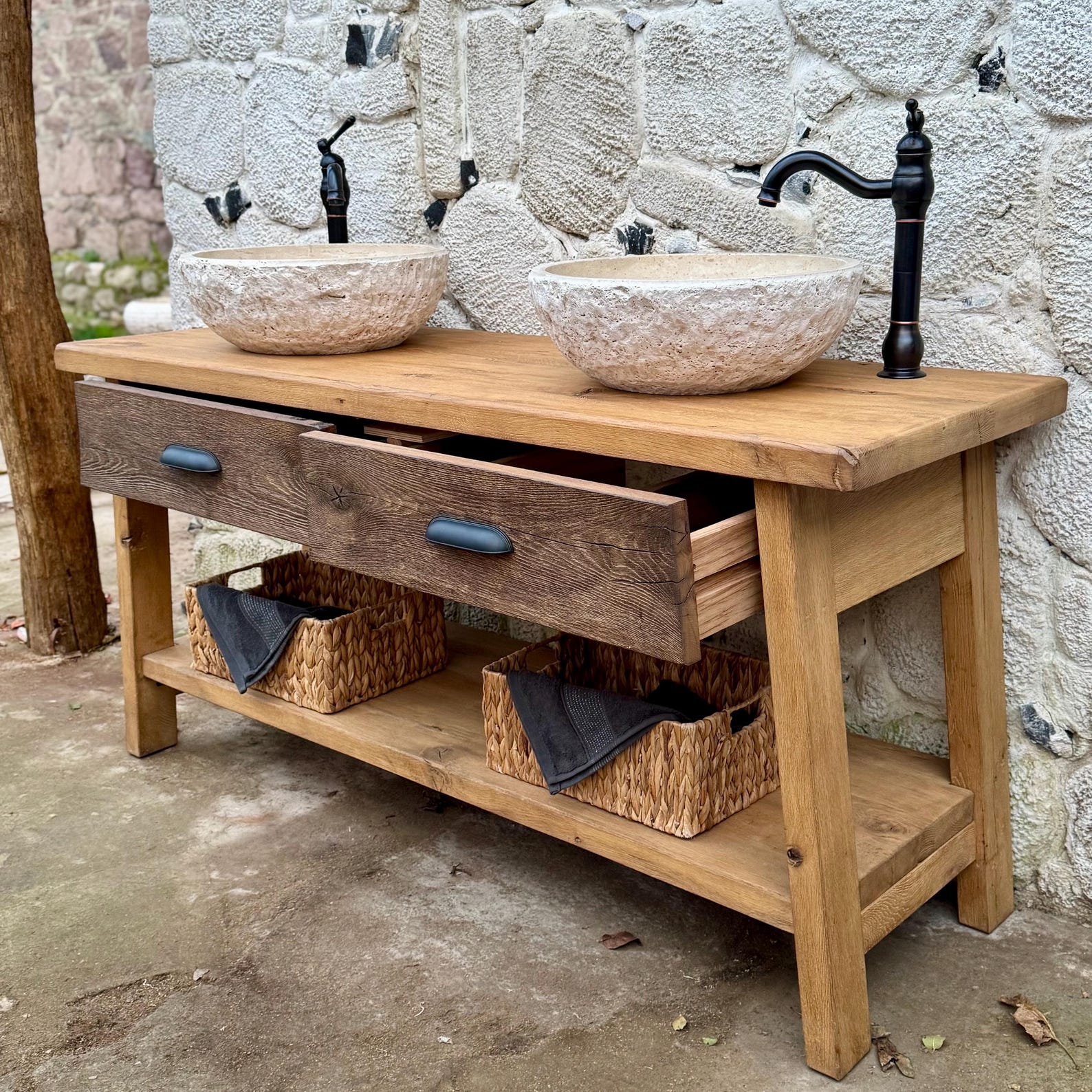 Rustic Oak Double Bathroom Vanity With Sink, Farmhouse Sink Vanity ...