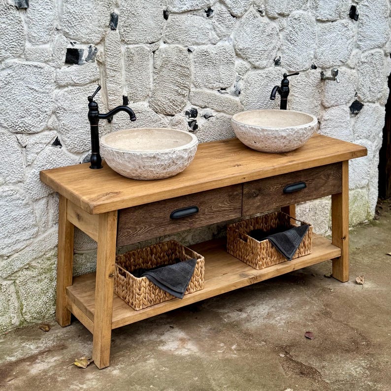Rustic Oak Double Bathroom Vanity With Sink, Farmhouse Sink Vanity ...