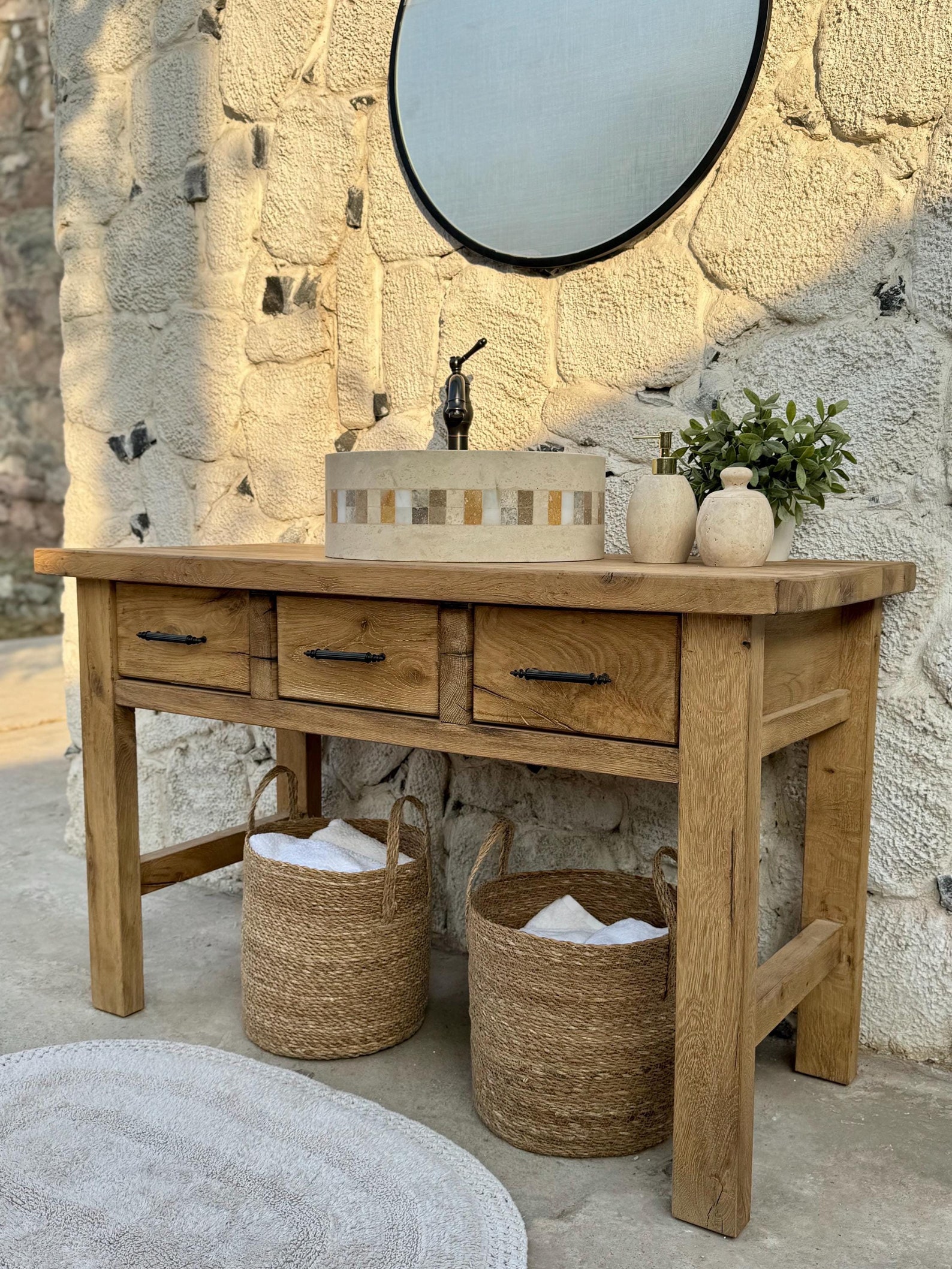 Oak Wood Bathroom Vanity for Vessel Sink, Rustic Bathroom Vanity Unit ...