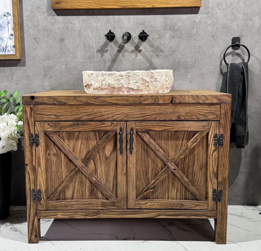Reclaimed Rustic Bathroom Wood Vanity Unit for Stone Sink, Barn Wooden ...