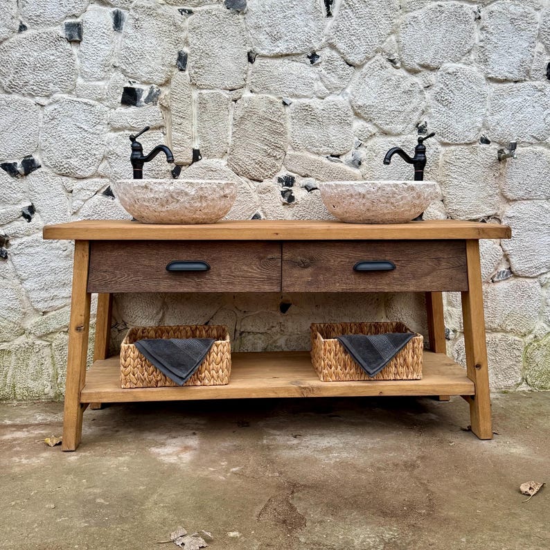 Rustic Oak Double Bathroom Vanity With Sink, Farmhouse Sink Vanity ...