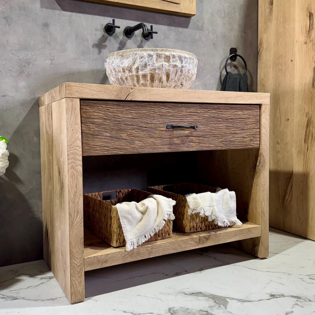Rustic Reclaimed Oak Bathroom Vanity With Single Sink - Drawer and ...