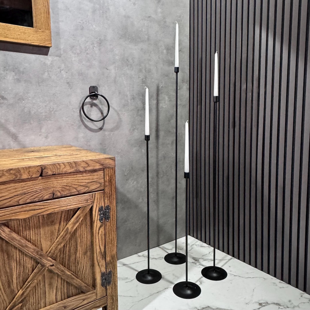 Wrought Iron Floor Candle Holder Set – Black Farmhouse Candlestick, Set ...
