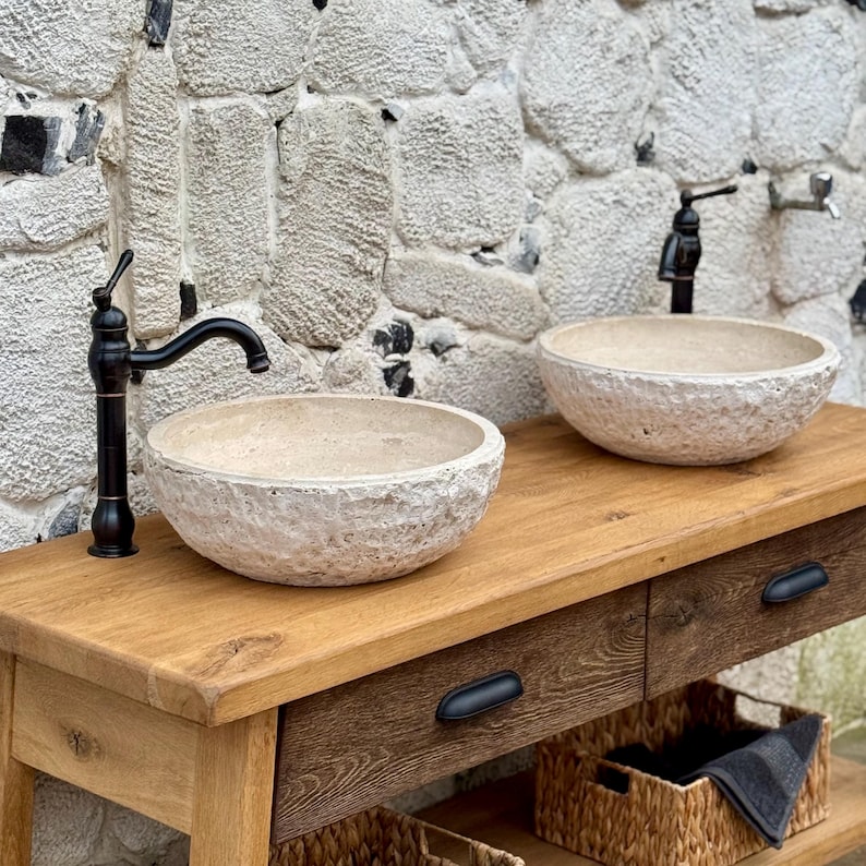 Rustic Oak Double Bathroom Vanity With Sink, Farmhouse Sink Vanity ...
