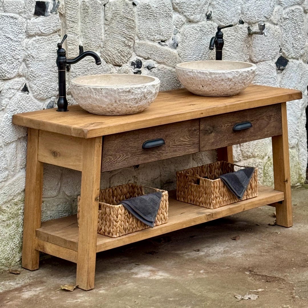 Rustic Oak Double Bathroom Vanity With Sink, Farmhouse Sink Vanity ...