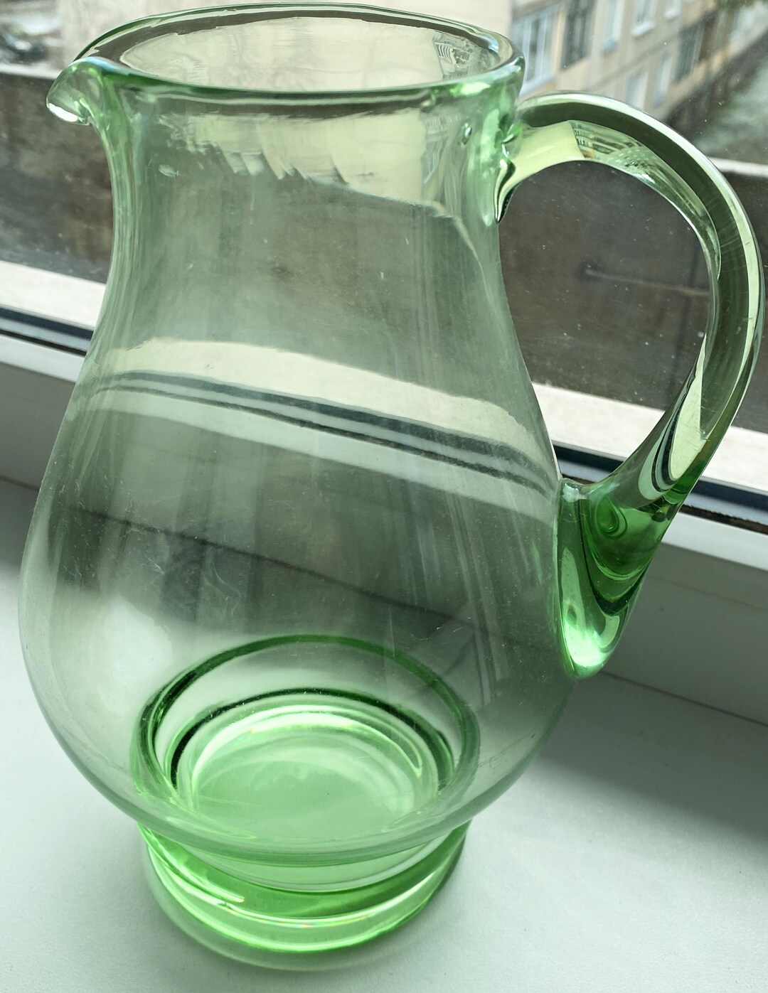 Green Glass Jug, Large Lime Green Jug, Vintage Antique Transparent ...