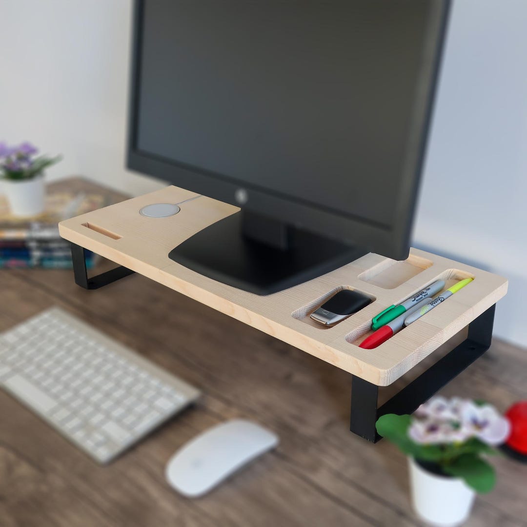 Minimalist Wooden Monitor Stand - 60x20cm (23.6"x7.9") Metal Leg ...