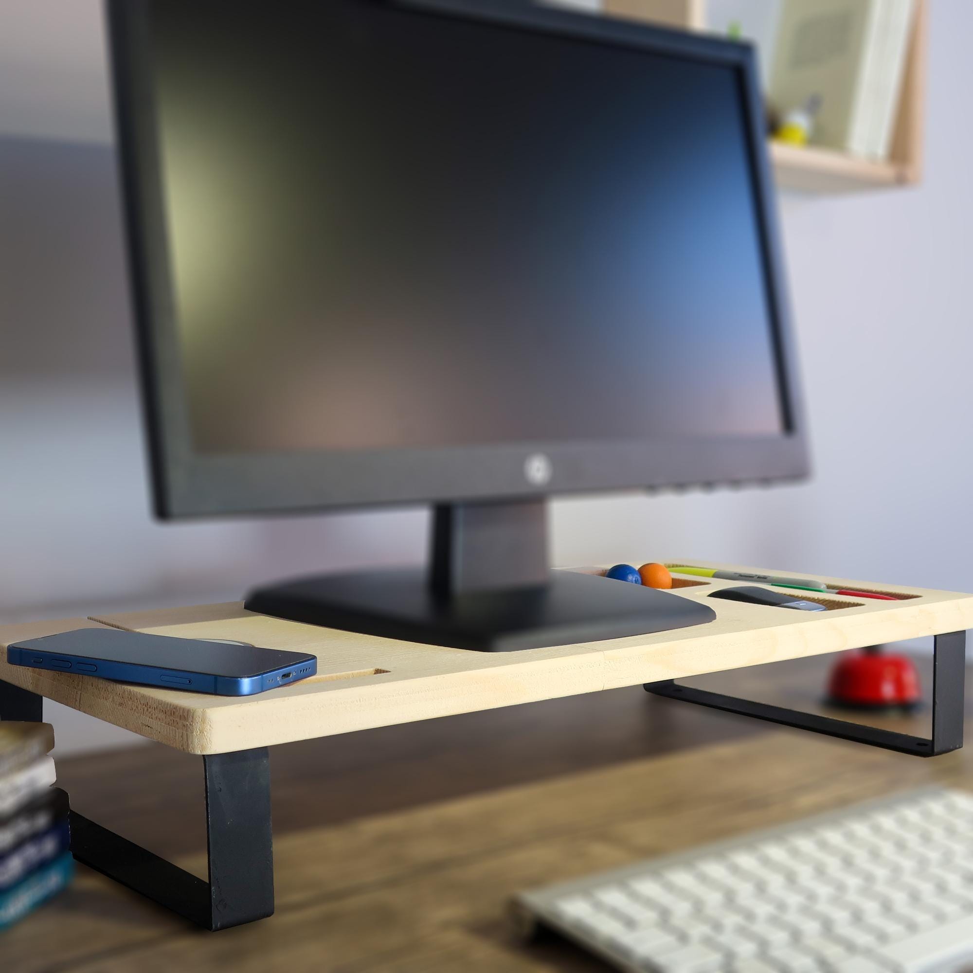 Minimalist Wooden Monitor Stand - 60x20cm (23.6"x7.9") Metal Leg ...