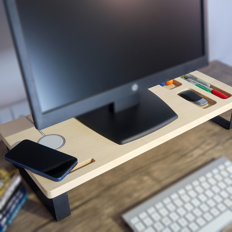 Minimalist Wooden Monitor Stand - 60x20cm (23.6"x7.9") Metal Leg ...