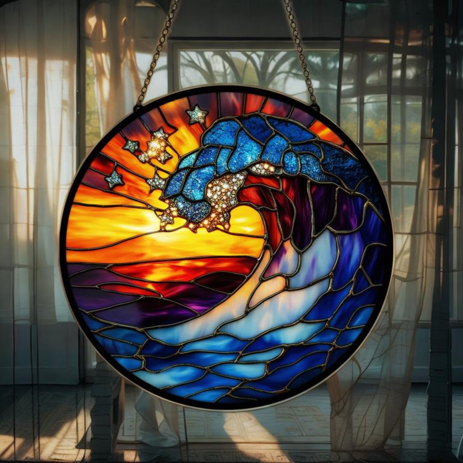 Beach Sunrise Suncatcher Ocean Wave Window Hanging Coastal Decor for ...