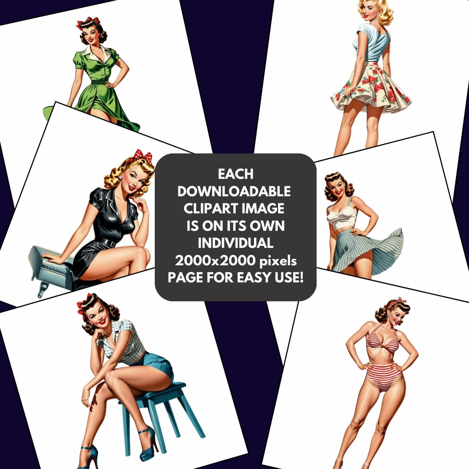 Pin-up Girl Vintage Illustrations Bundle. 16 Retro FULL BODY Images. Png, Svg, Eps, Jpg, Pdf ...