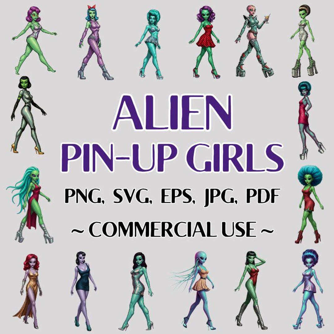 Alien Pin-up Girls Illustration Bundle. 16 Vector Images. Png, Svg, Eps ...