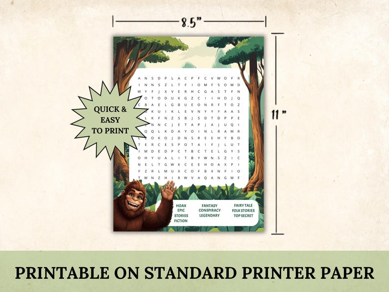 Bigfoot Word Search Printable Games Instant Download Digital Sasquatch ...