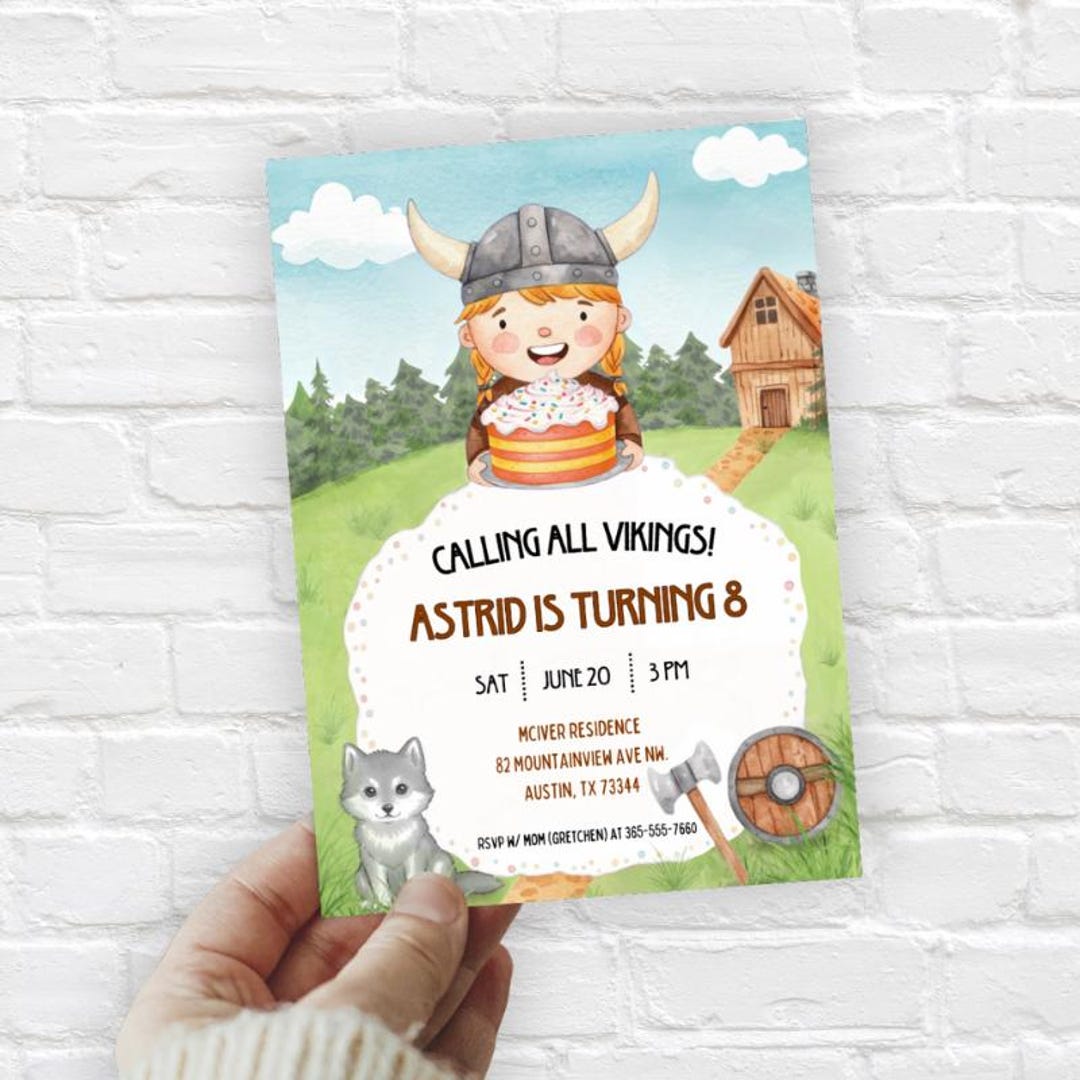 Viking Birthday Invitation for Girl, Editable Party Pastel Watercolor ...