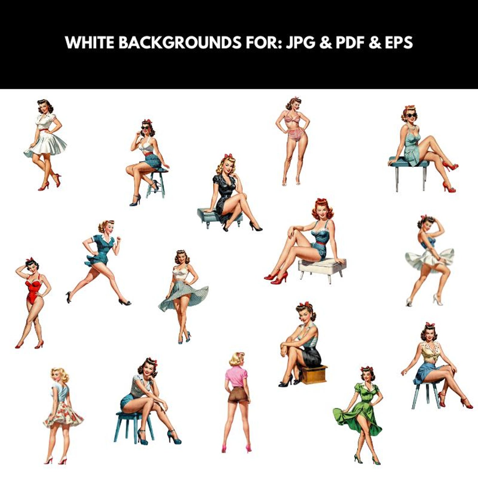 Pin-up Girl Vintage Illustrations Bundle. 16 Retro FULL BODY Images. Png, Svg, Eps, Jpg, Pdf ...