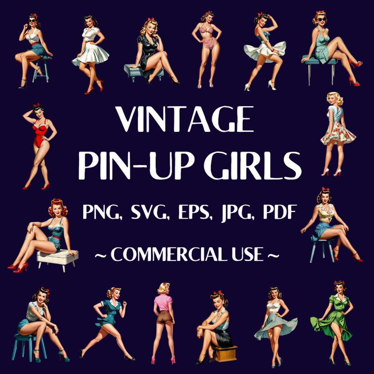 Pin-up Girl Vintage Illustrations Bundle. 16 Retro FULL BODY Images. Png, Svg, Eps, Jpg, Pdf ...
