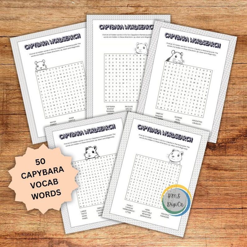 Capybara Wordsearch Puzzles. 5 Cute Word Search Sheets. Fun Activity ...